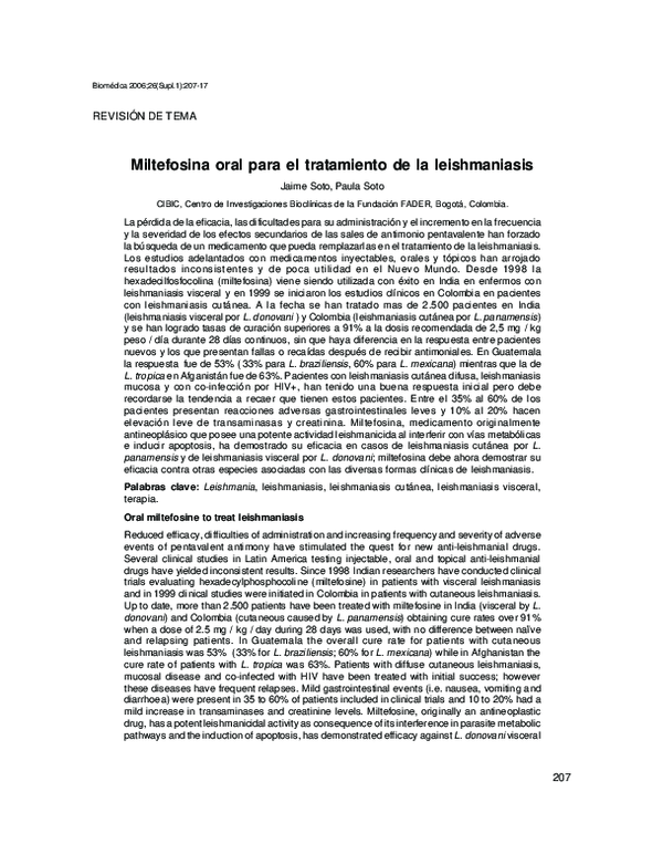 (PDF) Miltefosina oral para el tratamiento de la leishmaniasis