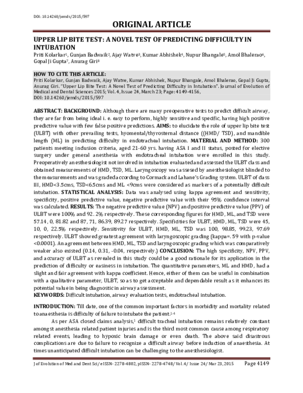 (PDF) Upper Lip Bite Test : A Novel Test of Predicting Difficulty in ...