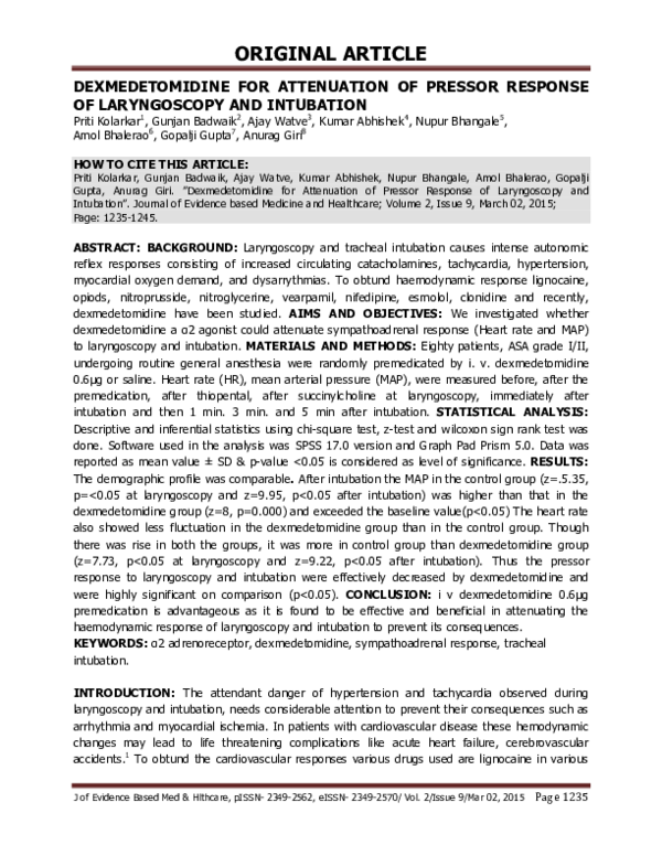 (PDF) Dexmedetomidine for Attenuation of Pressor Response of ...