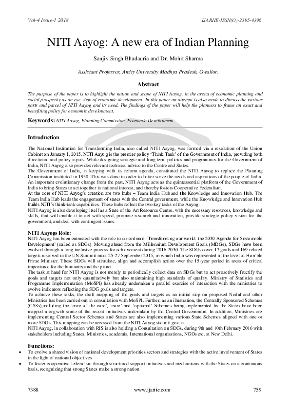(PDF) NITI Aayog: A new era of Indian Planning