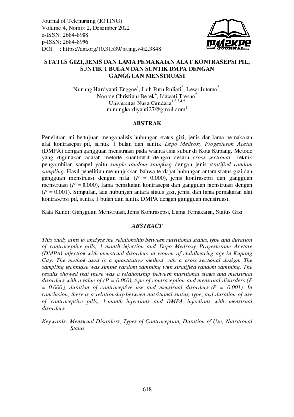 (PDF) Status Gizi, Jenis dan Lama Pemakaian Alat Kontrasepsi Pil, Suntik 1 Bulan dan Suntik DMPA ...