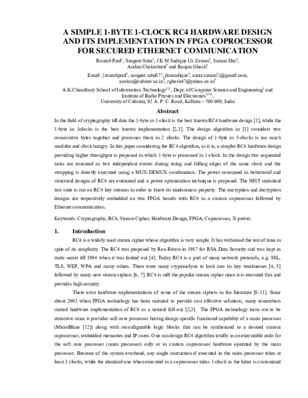 Pdf A Simple 1 Byte 1 Clock Rc4 Design And Its Efficient Implementation In Fpga Coprocessor