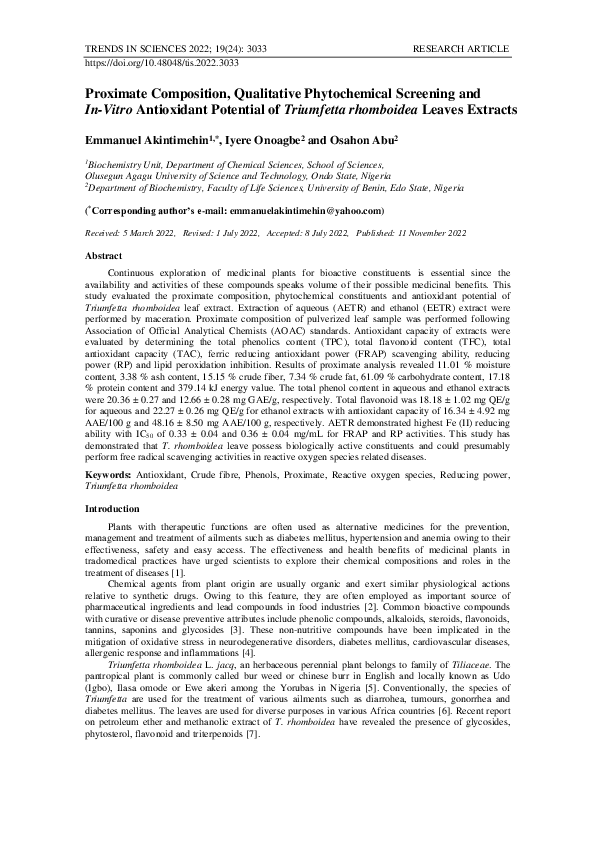 Pdf Proximate Composition Qualitative Phytochemical Screening And In Vitro Antioxidant