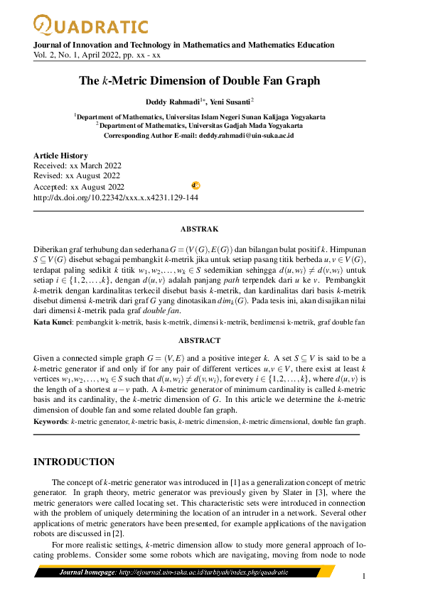 (PDF) The k-Metric Dimension of Double Fan Graph | Deddy Rahmadi ...