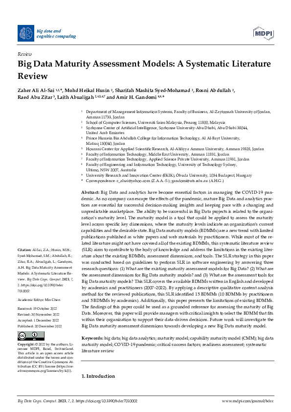 (PDF) Big Data Maturity Assessment Models: A Systematic Literature Review