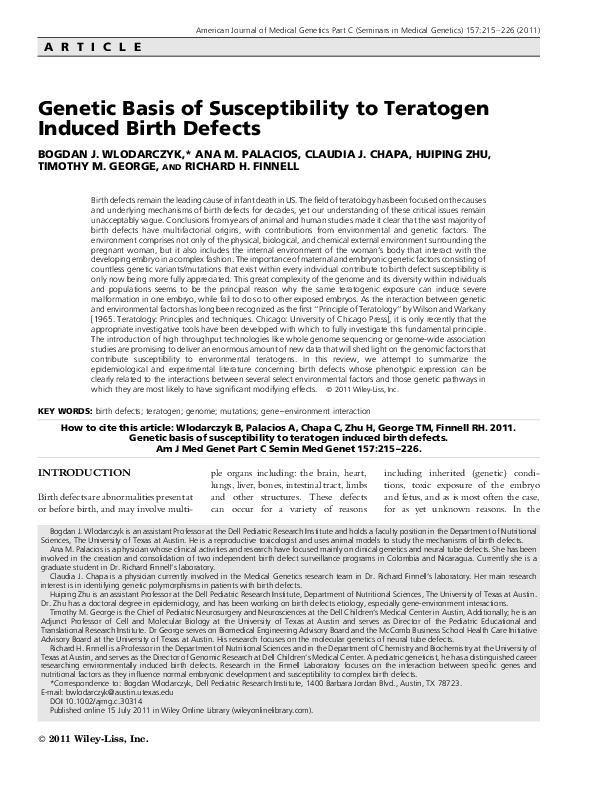 (PDF) Genetic basis of susceptibility to teratogen induced birth defects