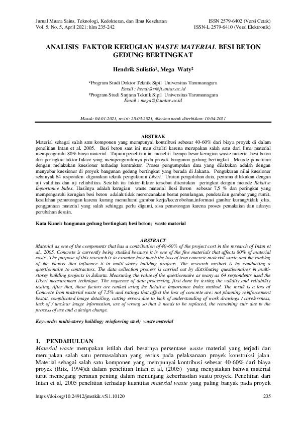(PDF) Analisis Faktor Kerugian Waste Material Besi Beton Gedung Bertingkat