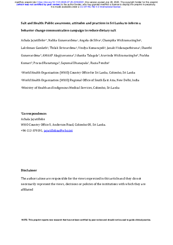 (PDF) Salt and Health: public awareness, attitudes, and practices in ...