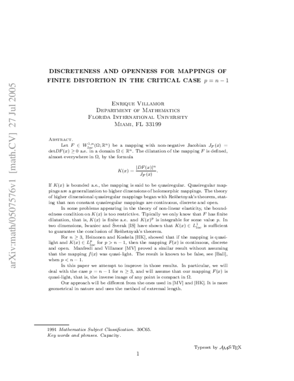 (PDF) Discreteness and openness for mappings of finite distortion in the critical case $p=n-1$