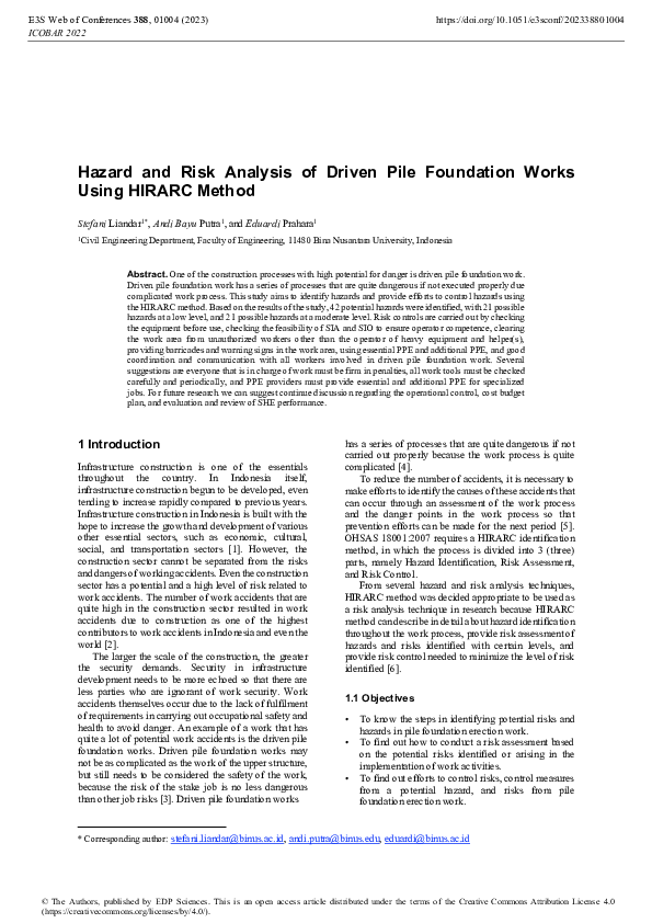 Pdf Hazard And Risk Analysis Of Driven Pile Foundation Works Using