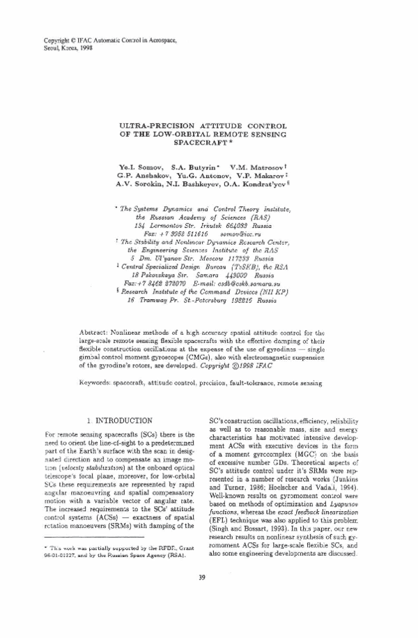 Pdf Ultra Precision Attitude Control Of The Low Orbital Remote