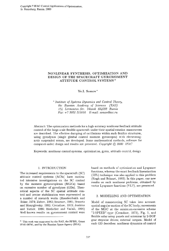 (PDF) Nonlinear Synthesis, Optimization and Design of the Spacecraft Gyromoment Attitude Control ...