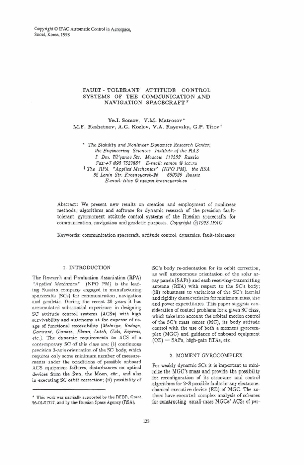 Pdf Nonlinear Fault Tolerant Control For Spacecraft