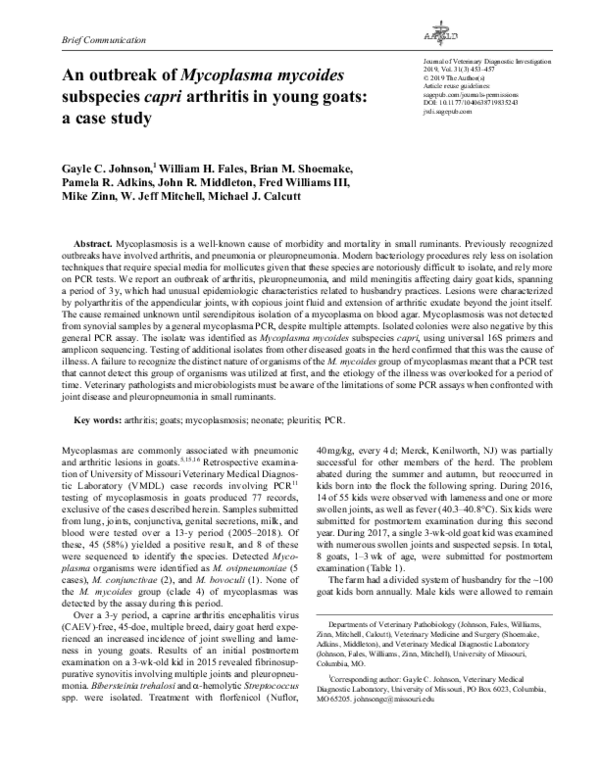 (PDF) An outbreak of Mycoplasma mycoides subspecies capri arthritis in ...