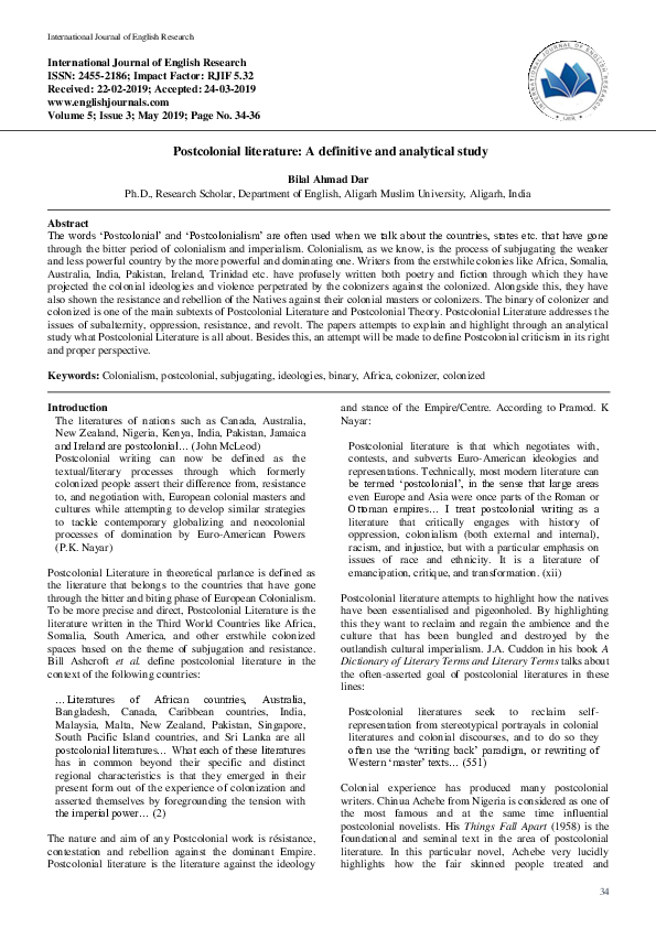(PDF) Postcolonial literature: A definitive and analytical study