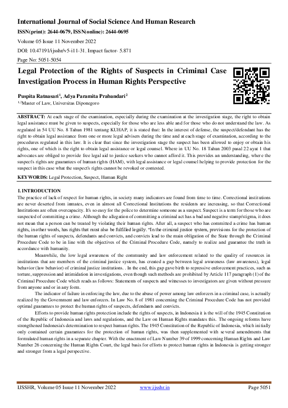 (PDF) Legal Protection of the Rights of Suspects in Criminal Case ...