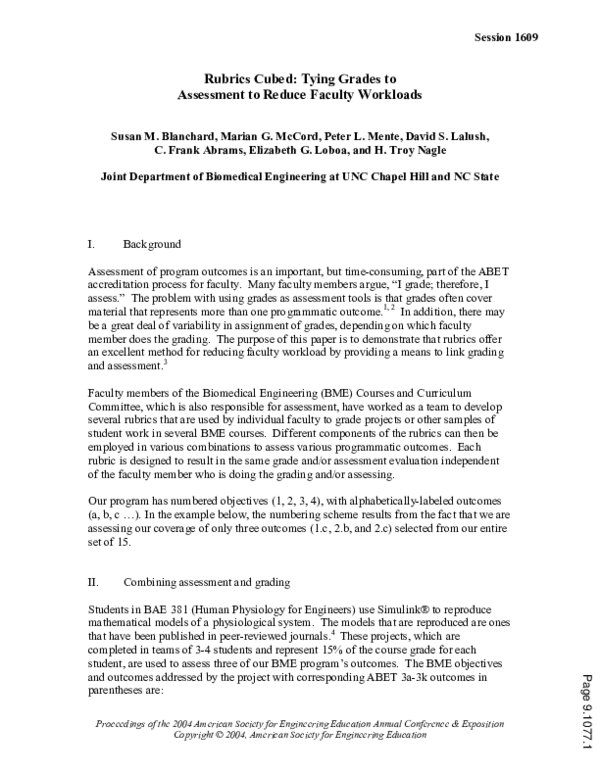 (PDF) Rubrics Cubed: Tying Grades To Assessment To Reduce Faculty Workload