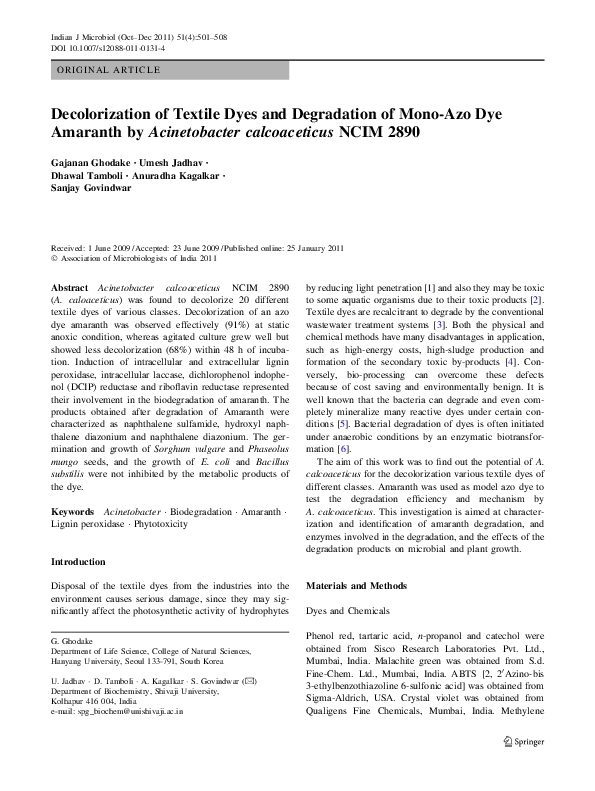 (PDF) Decolorization of Textile Dyes and Degradation of Mono-Azo Dye ...