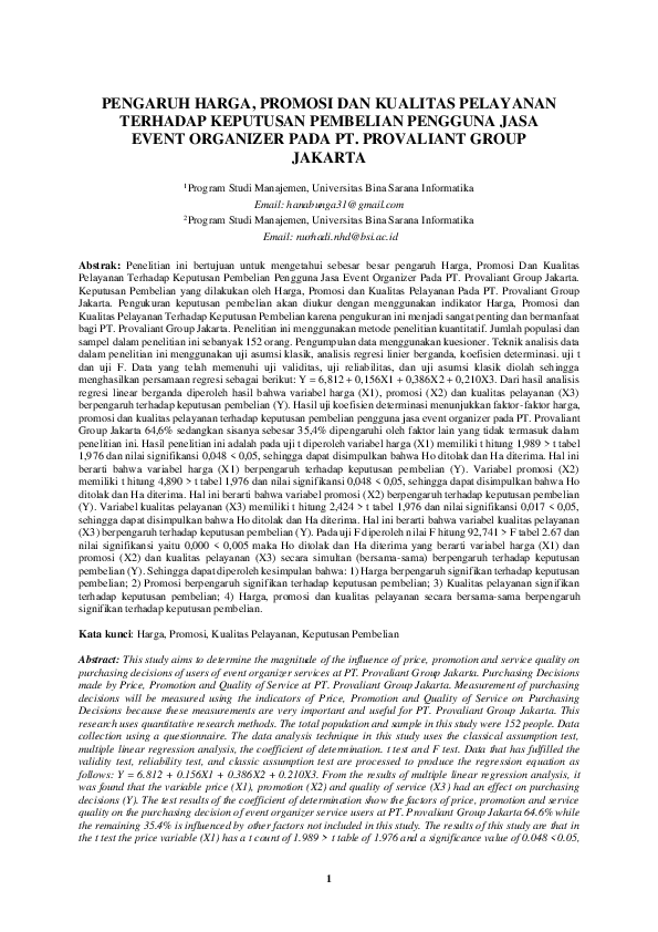 (PDF) PENGARUH HARGA, PROMOSI DAN KUALITAS PELAYANAN TERHADAP KEPUTUSAN PEMBELIAN PENGGUNA JASA ...