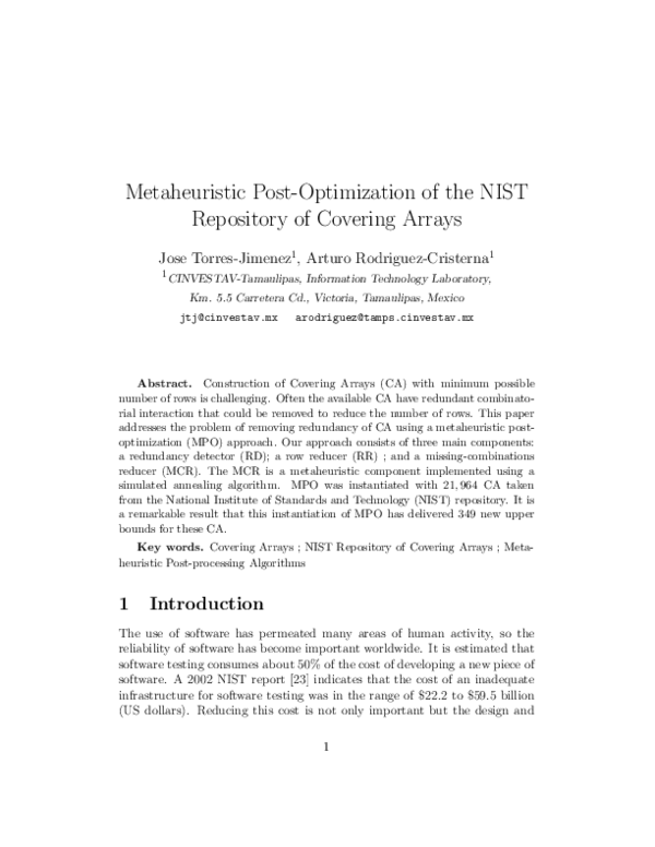 (PDF) Metaheuristic Optimization of Covering Arrays