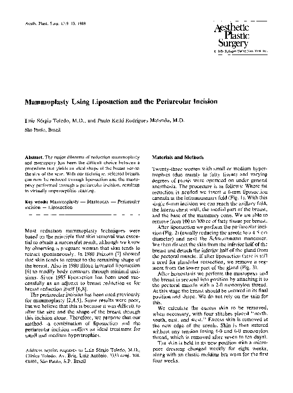 (PDF) Mammoplasty using liposuction and the periareolar incision
