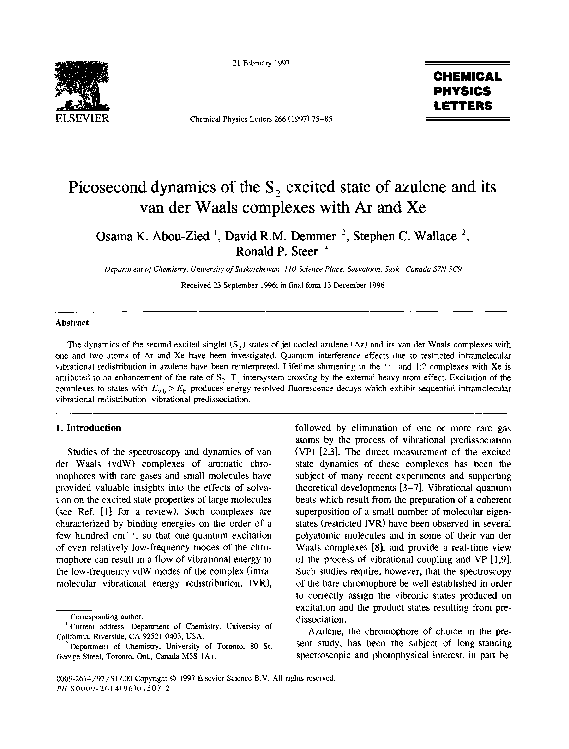 (PDF) Picosecond dynamics of the S2 excited state of azulene and its ...