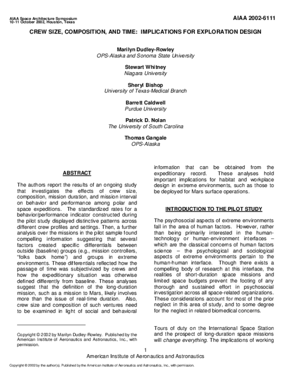 (PDF) Crew Size, Composition, and Time: Implications for Exploration Design