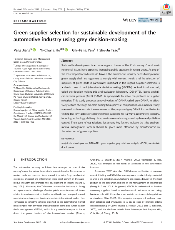 Pdf Green Supplier Selection For Sustainable Development Of The Automotive Industry Using Grey