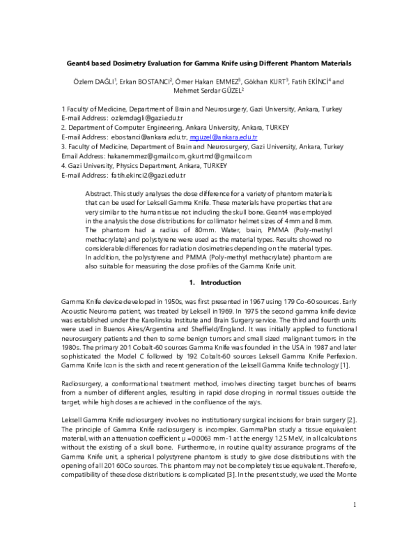 (PDF) Geant4 based dosimetry evaluation for gamma knife using different phantom materials