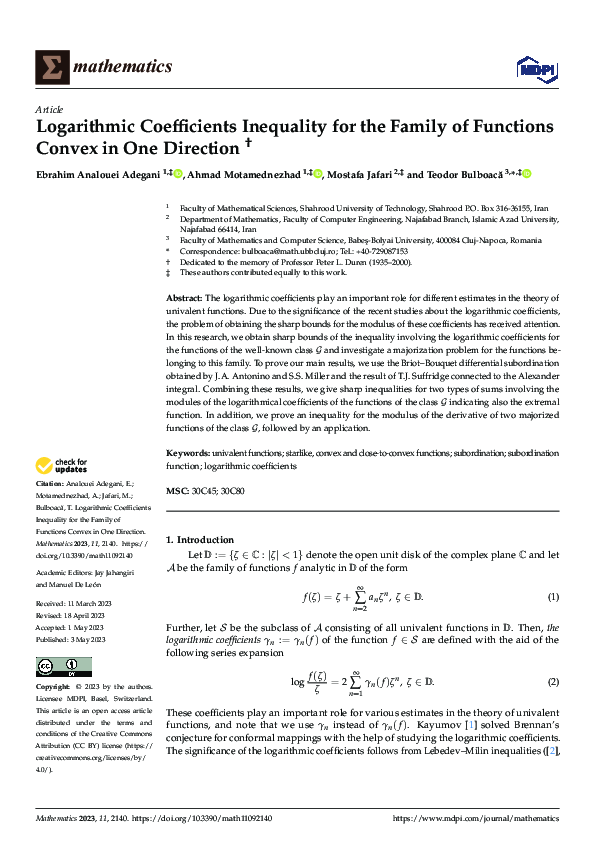 (PDF) Logarithmic Coefficients Inequality for the Family of Functions Convex in One Direction ...
