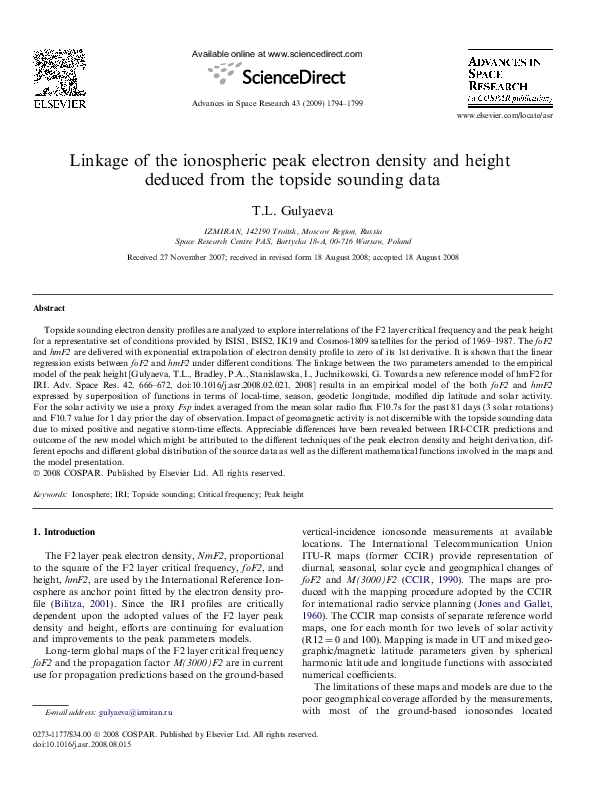 (PDF) Linkage of the ionospheric peak electron density and height deduced from the topside ...