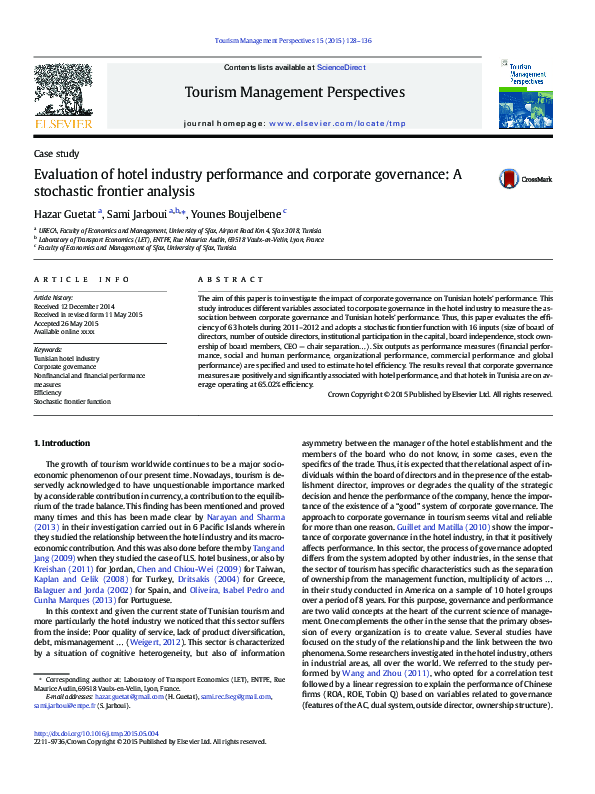 Pdf Evaluation Of Hotel Industry Performance And Corporate Governance A Stochastic Frontier