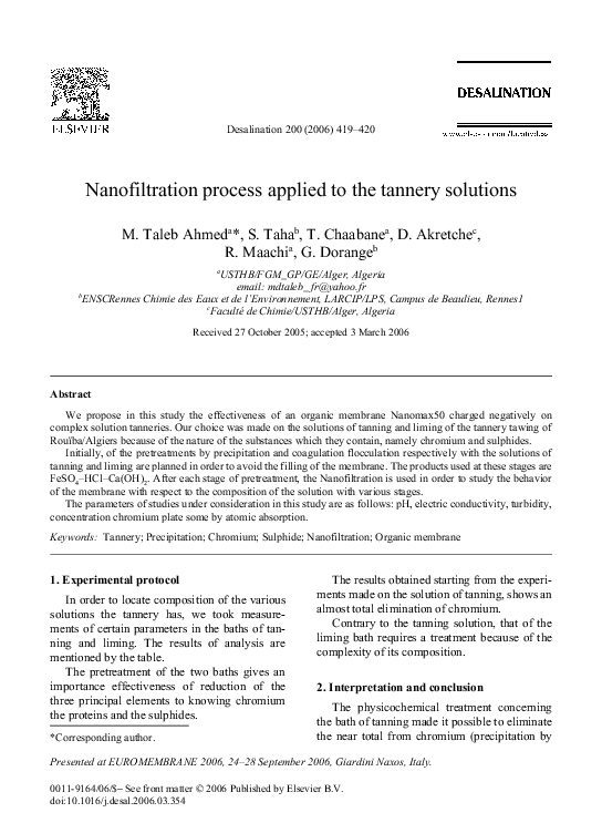 (PDF) Nanofiltration process applied to the tannery solutions | Samir ...