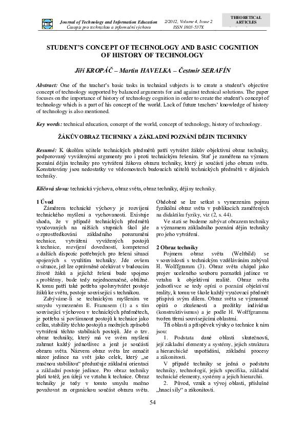 (PDF) Student's Concept of Technology and Basic Cognition of History of Technology