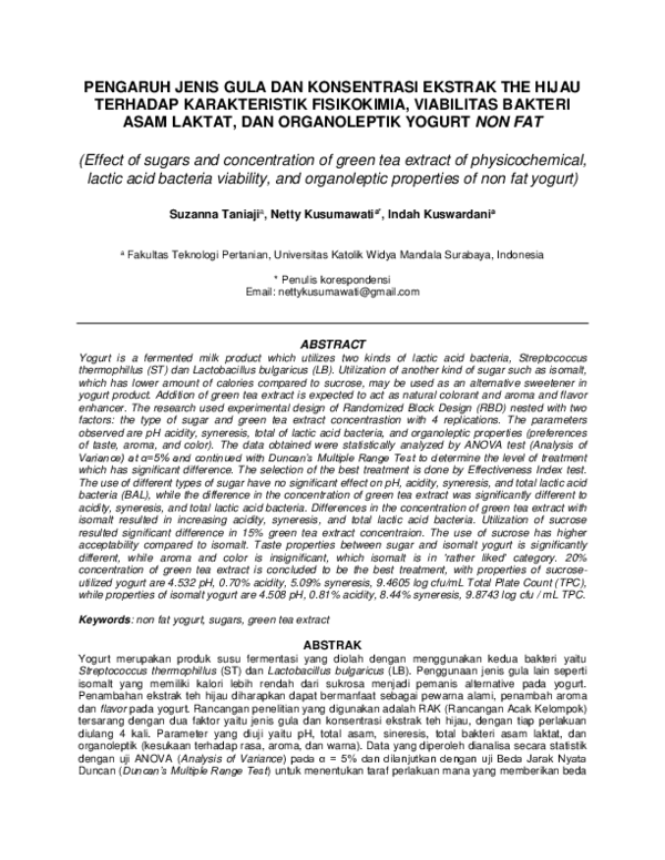 (PDF) Pengaruh Jenis Gula Dan Konsentrasi Ekstrak the Hijau Terhadap Karakteristik Fisikokimia ...