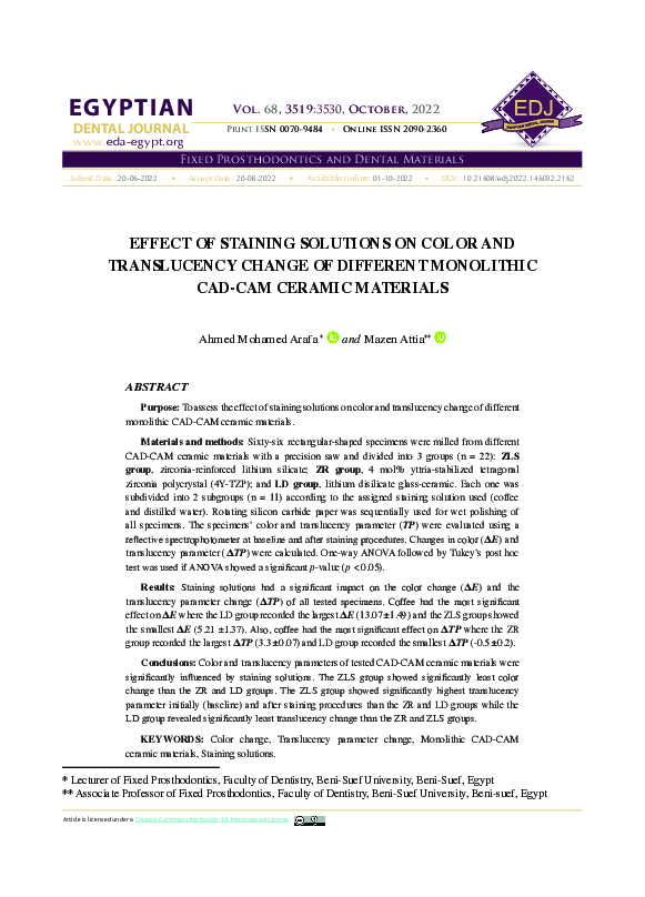 (PDF) Effect of staining solutions on color and translucency change of different monolithic CAD ...