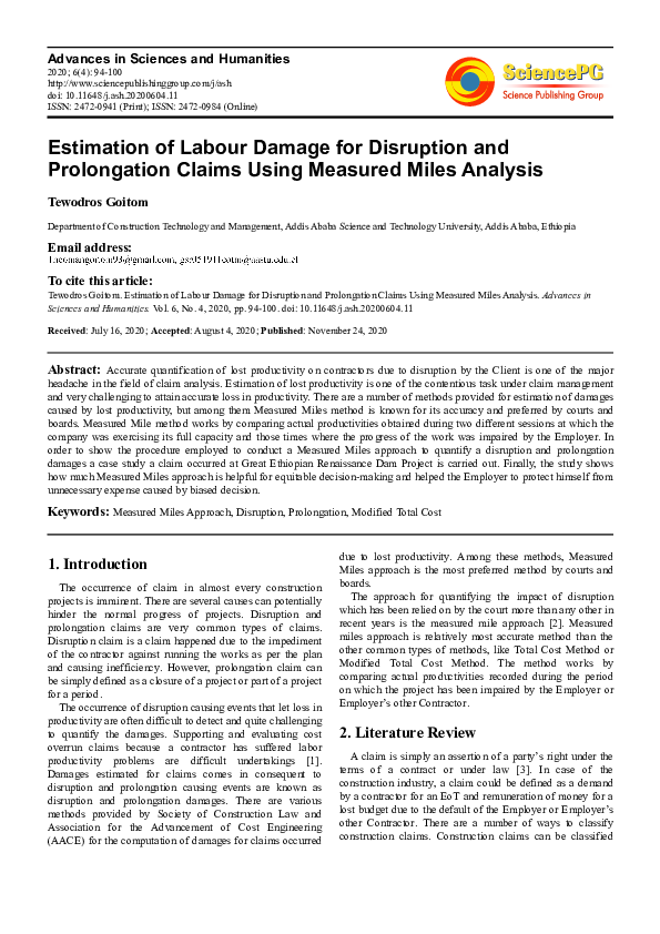 (PDF) Estimation of Labour Damage for Disruption and Prolongation Claims Using Measured Miles ...