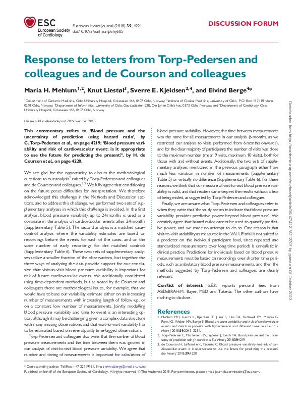 (PDF) Response to letters from Torp-Pedersen and colleagues and de ...