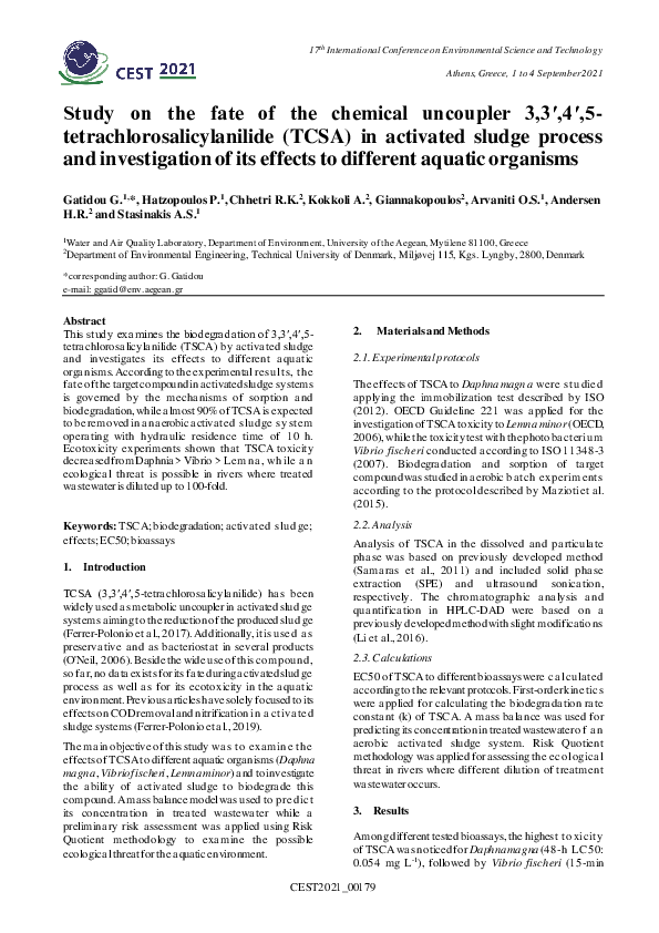 (PDF) Study on the fate of the chemical uncoupler 3,3′,4′,5-tetrachlorosalicylanilide (TCSA) in ...