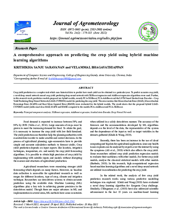 (PDF) Comprehensive Approach on Predicting the Crop Yield Using Hybrid Machine Learning Algorithms