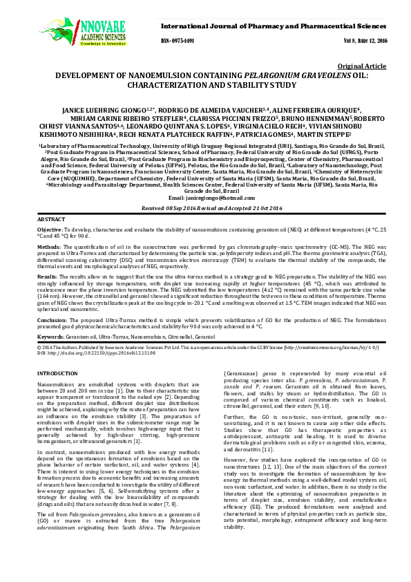 (PDF) DEVELOPMENT OF NANOEMULSION CONTAINING PELARGONIUM GRAVEOLENS OIL: CHARACTERIZATION AND ...