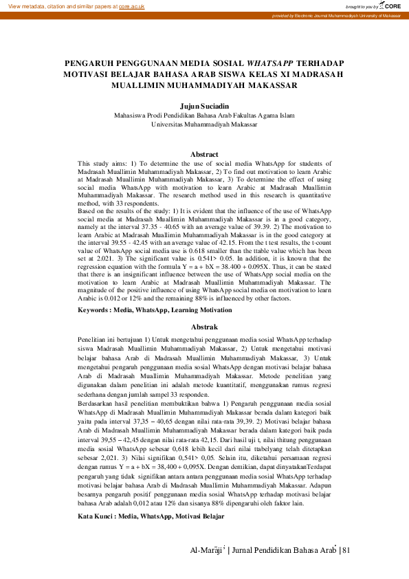 (PDF) Pengaruh Penggunaan Media Sosial Whatsapp Terhadap Motivasi Belajar Bahasa Arab Siswa ...