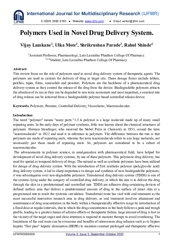 (PDF) Polymers Used In Novel Drug Delivery System