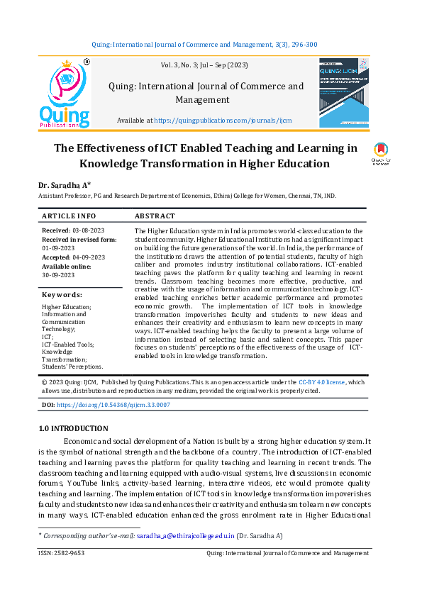 (PDF) The Effectiveness of ICT Enabled Teaching and Learning in Knowledge Transformation in ...