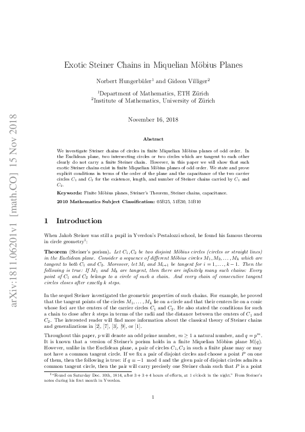 (PDF) Exotic Steiner chains in Miquelian Möbius planes of odd order
