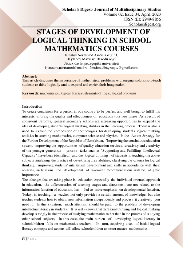 (PDF) STAGES OF DEVELOPMENT OF LOGICAL THINKING IN SCHOOL MATHEMATICS ...