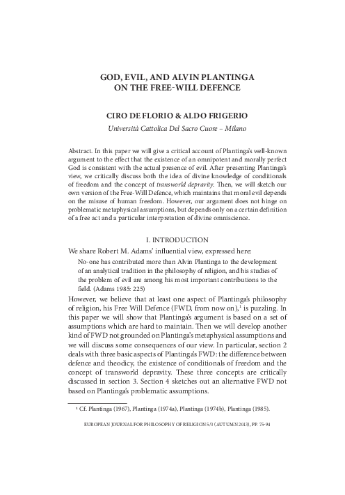 (PDF) God, Evil, and Alvin Plantinga on the Free-Will Defense