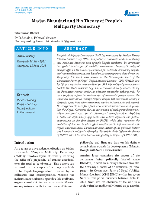(PDF) Madan Bhandari and His Theory of People’s Multiparty Democracy