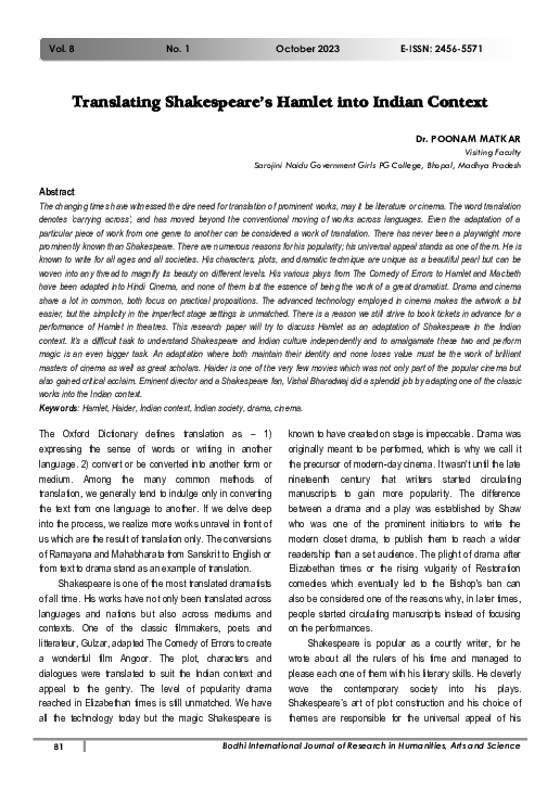 (PDF) Translating Shakespeare's Hamlet into Indian Context