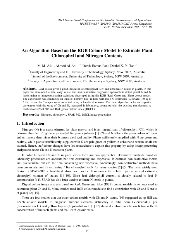 (PDF) An Algorithm Based on the RGB Colour Model to Estimate Plant Chlorophyll and Nitrogen ...